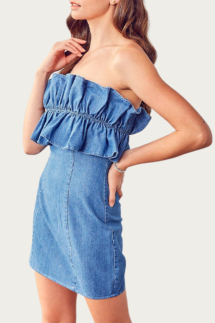 DO + BE COLLECTION | STRAPLESS RUFFLED DENIM MINI DRESS | The Silence ...